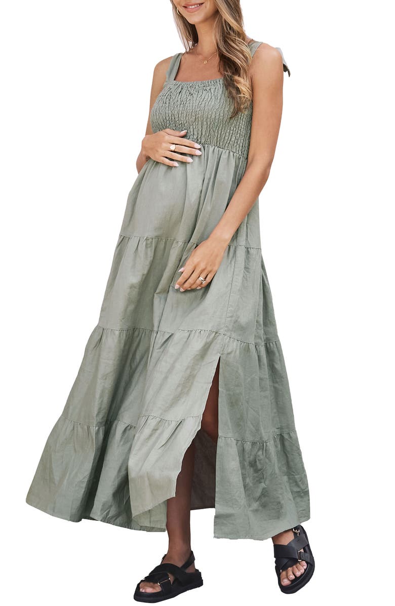 Angel Maternity Shoulder Tie Linen Maternity/Nursing Maxi Dress | Nordstrom