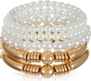 Ettika Set of 5 Faux Pearl & Metallic Beaded Stretch Bracelets ...
