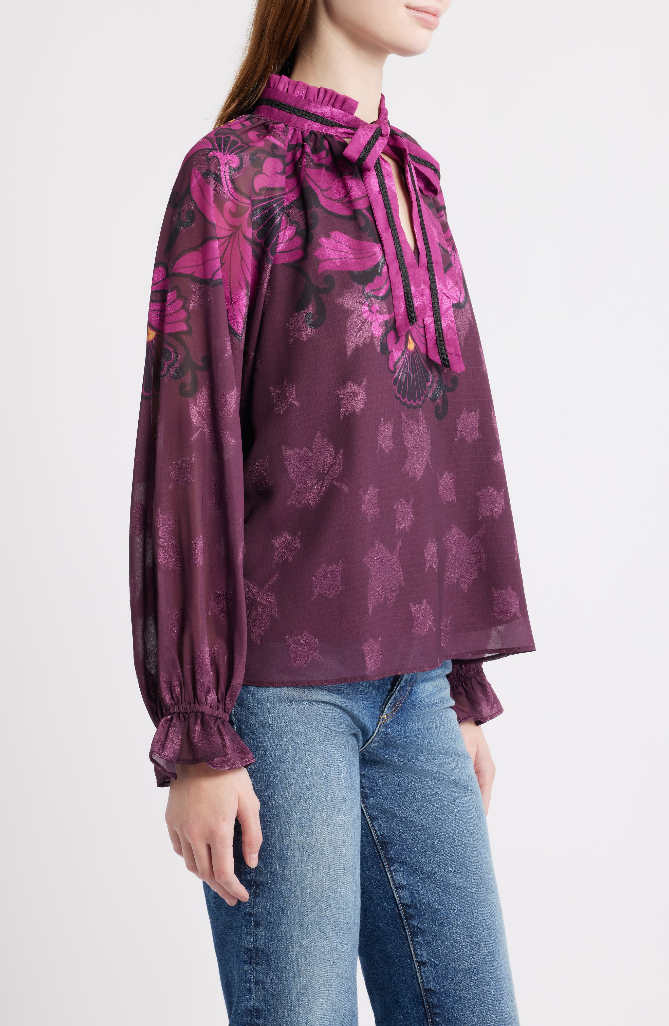 CIEBON Kimi Leaf Print Tie Neck Top | Nordstrom