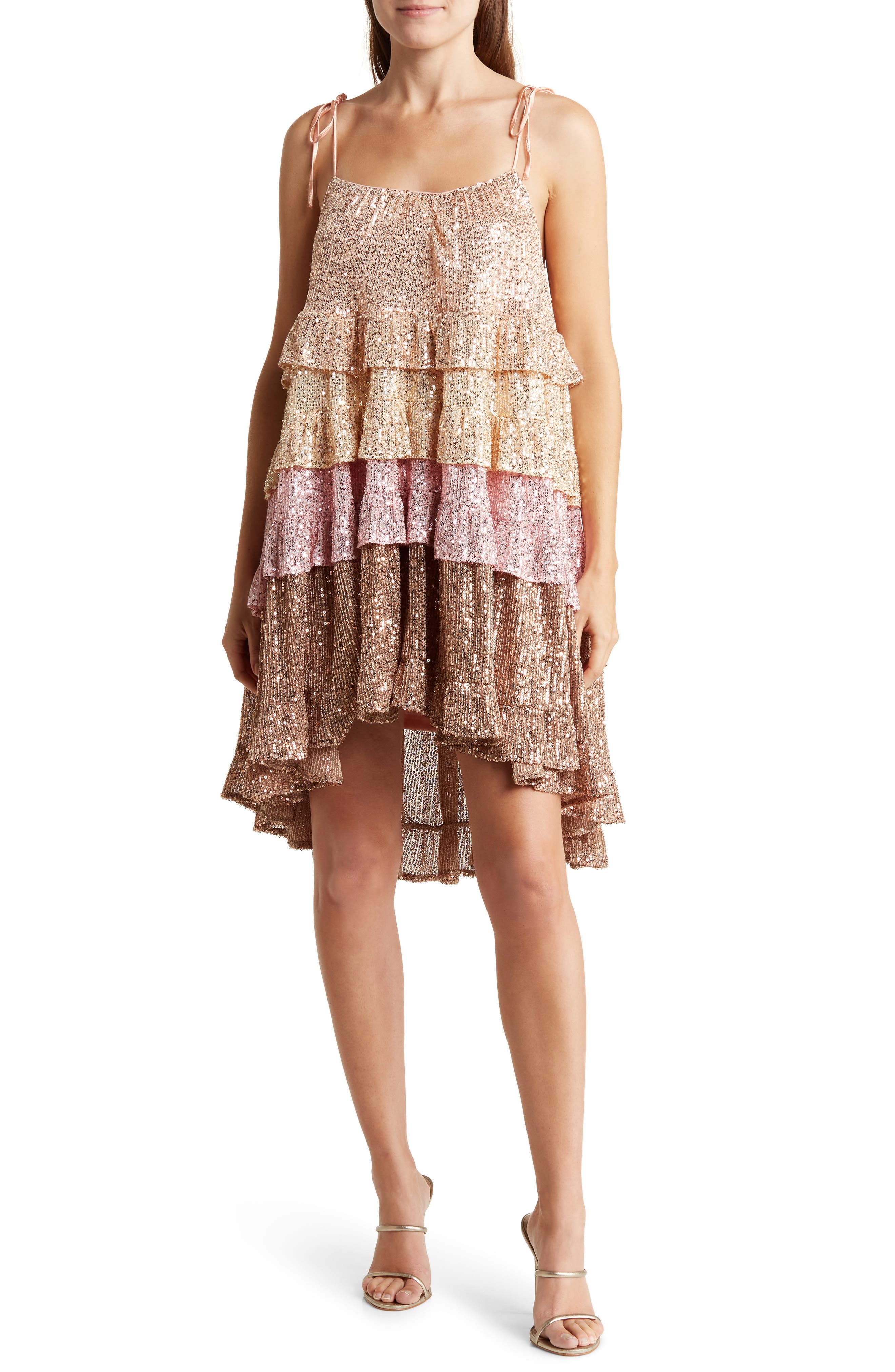 AREA STARS Colorblock Sequin Tiered Trapeze Dress | Nordstromrack