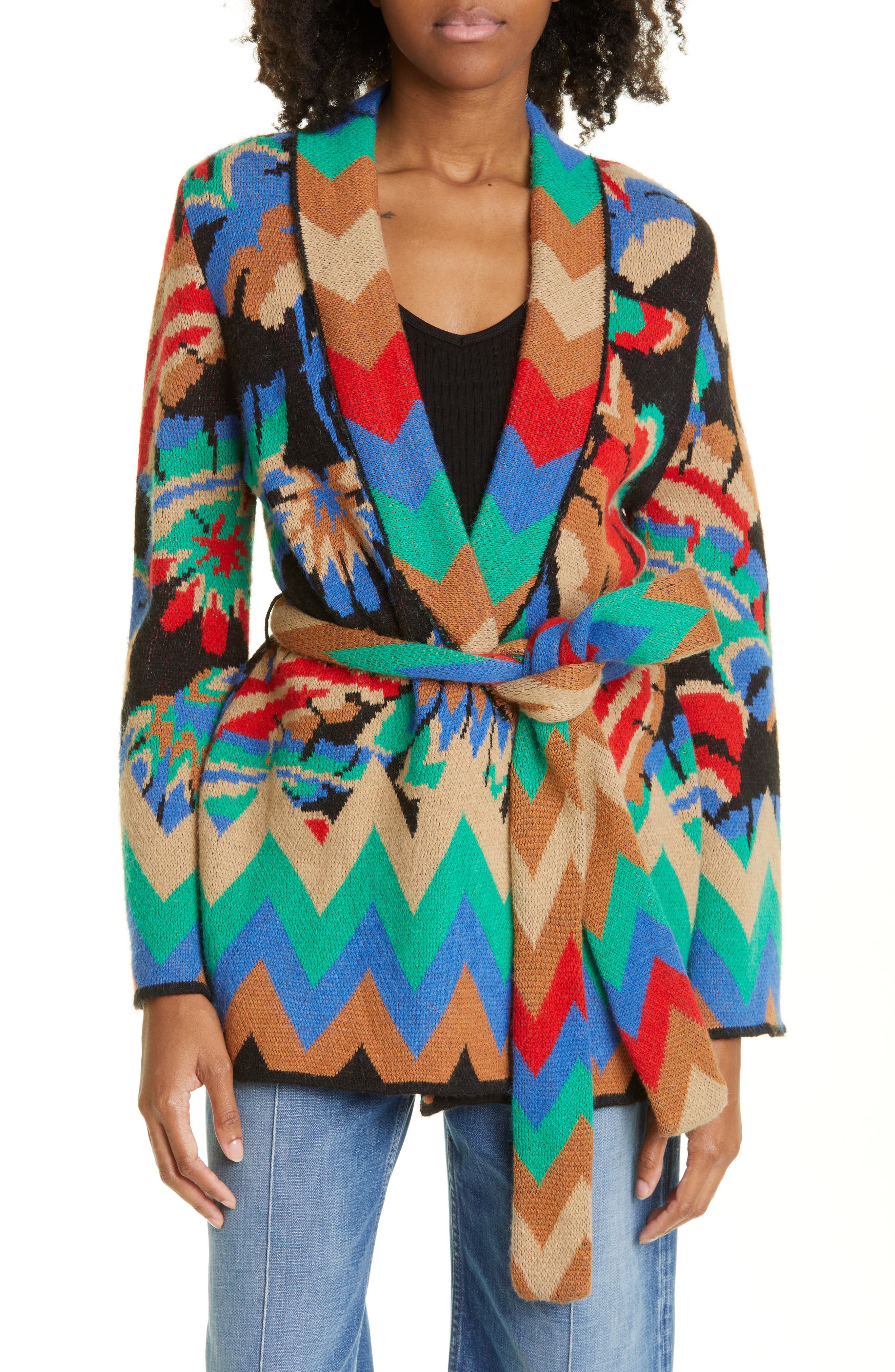 FARM Rio Chevron Forest Jacquard Belted Cardigan | Nordstrom