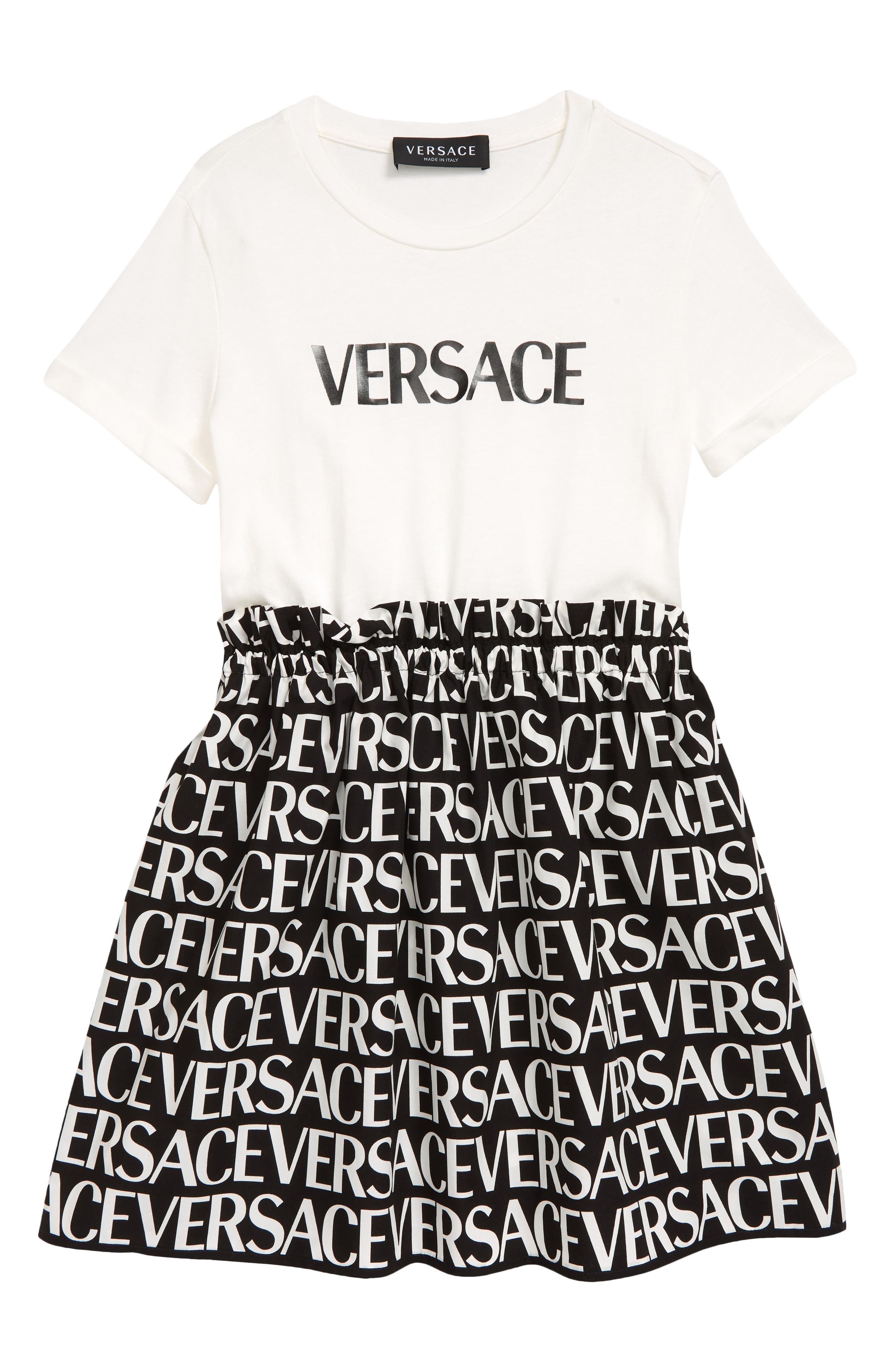 Versace Kids' Allover Logo Print Mixed Media Cotton Dress | Nordstrom