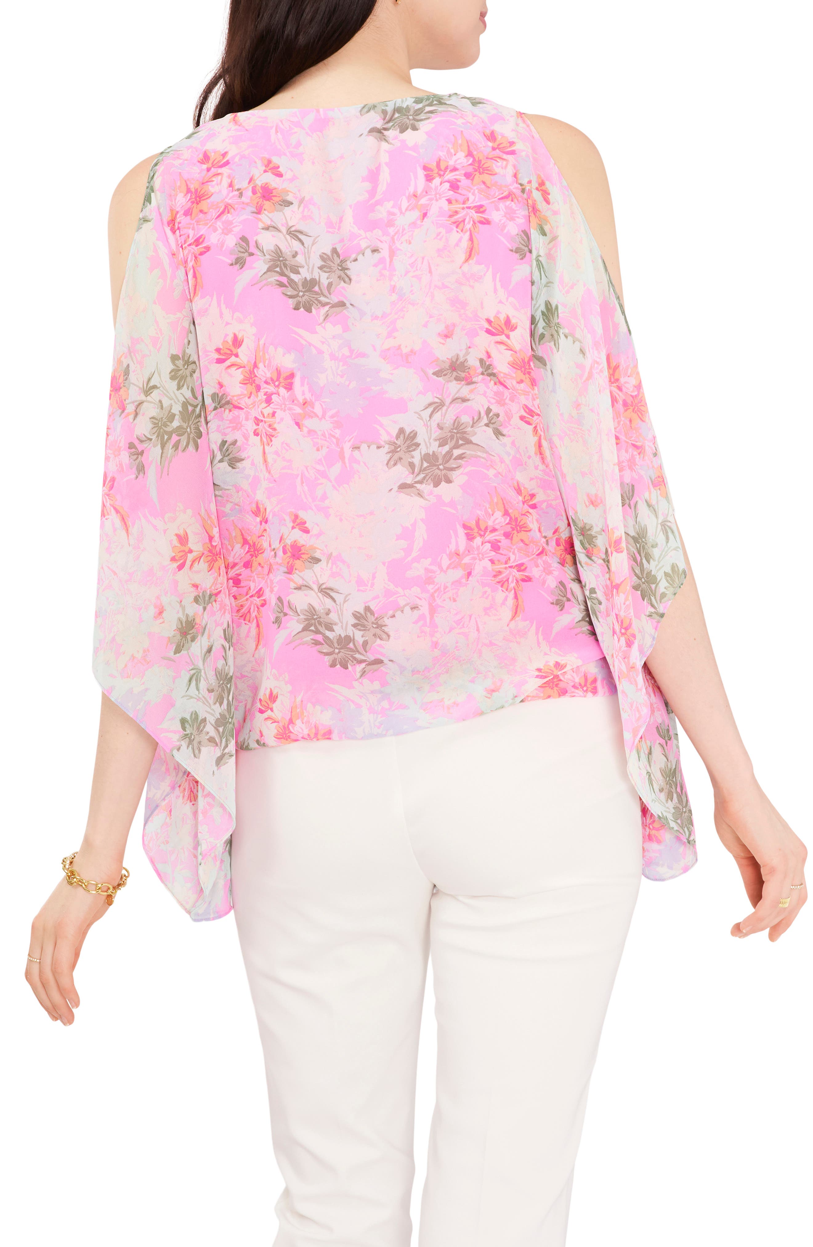 Chaus Floral Print Cold Shoulder Cape Sleeve Top | Nordstrom