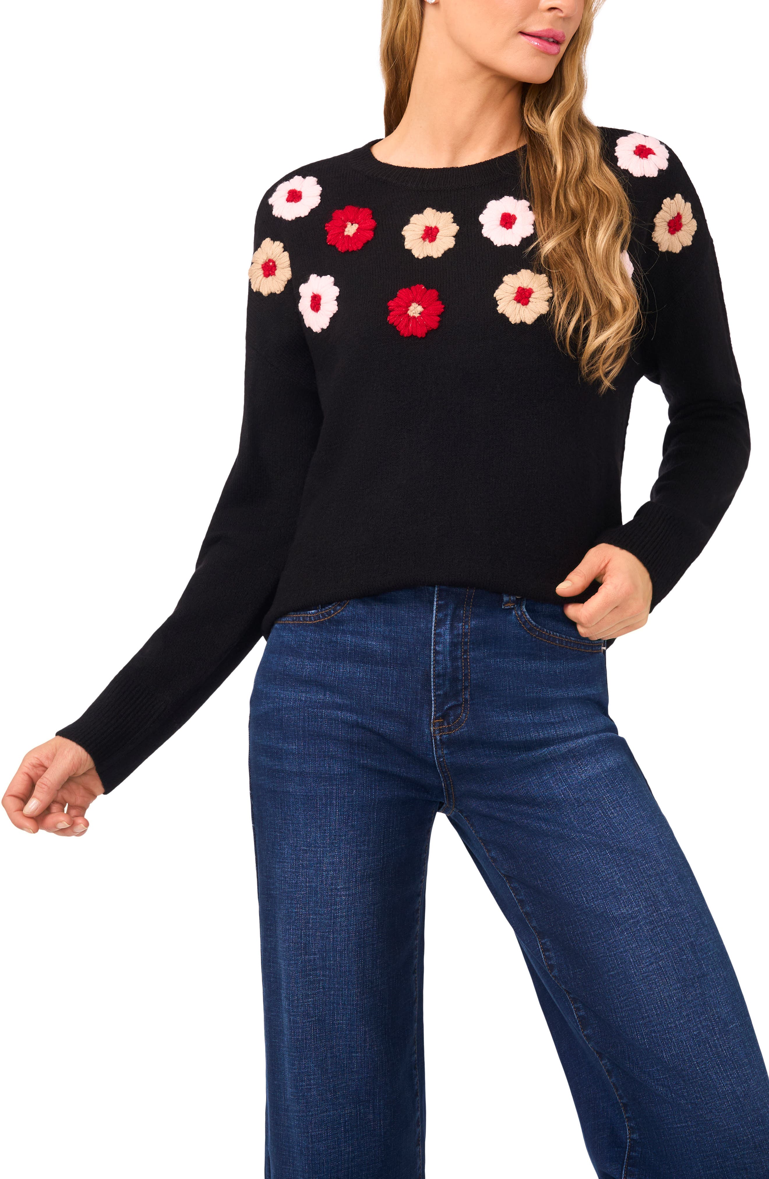 CeCe Embroidered Flower Sweater | Nordstromrack
