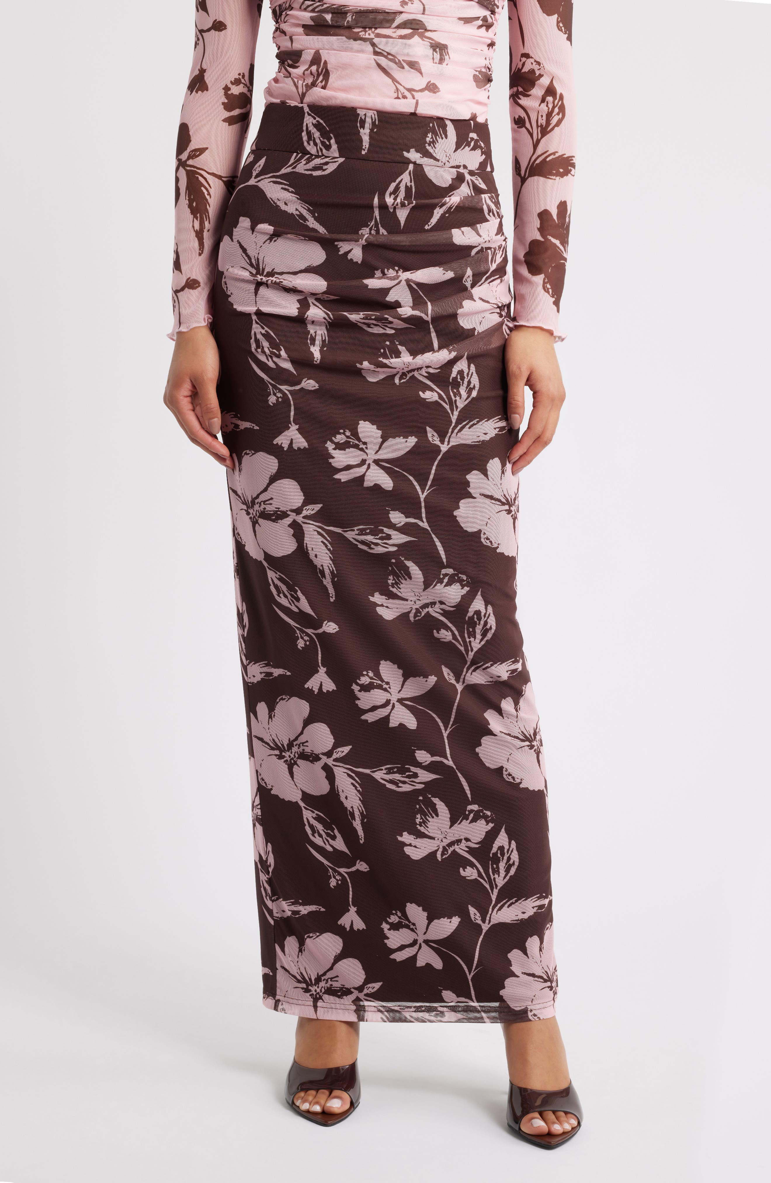 Petal & Pup Navida Ruched Mesh Midi Skirt | Nordstrom