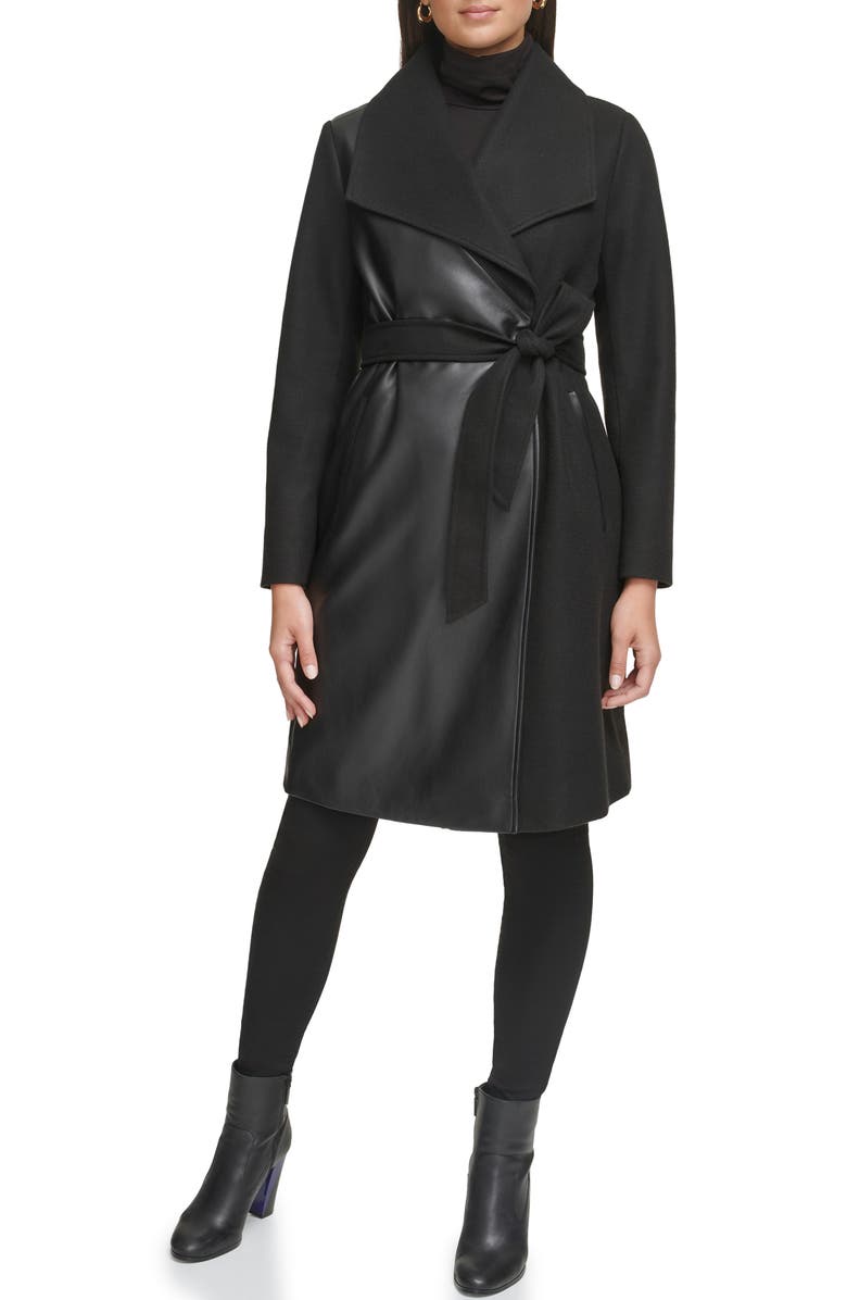 Kenneth Cole New York Mixed Media Faux Leather Belted Trench Coat ...