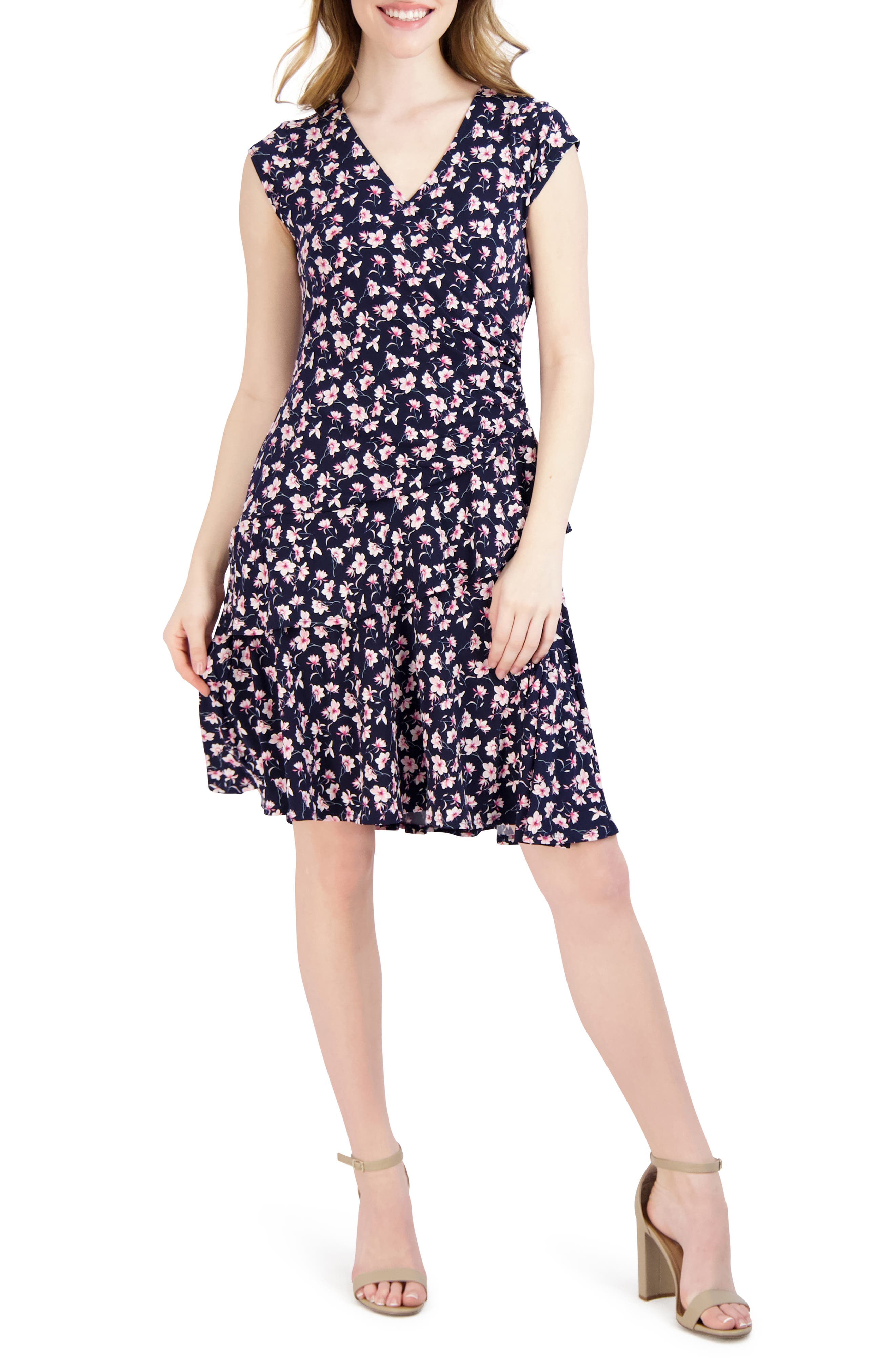 Robbie Bee Floral Cap Sleeve Faux Wrap Dress | Nordstromrack