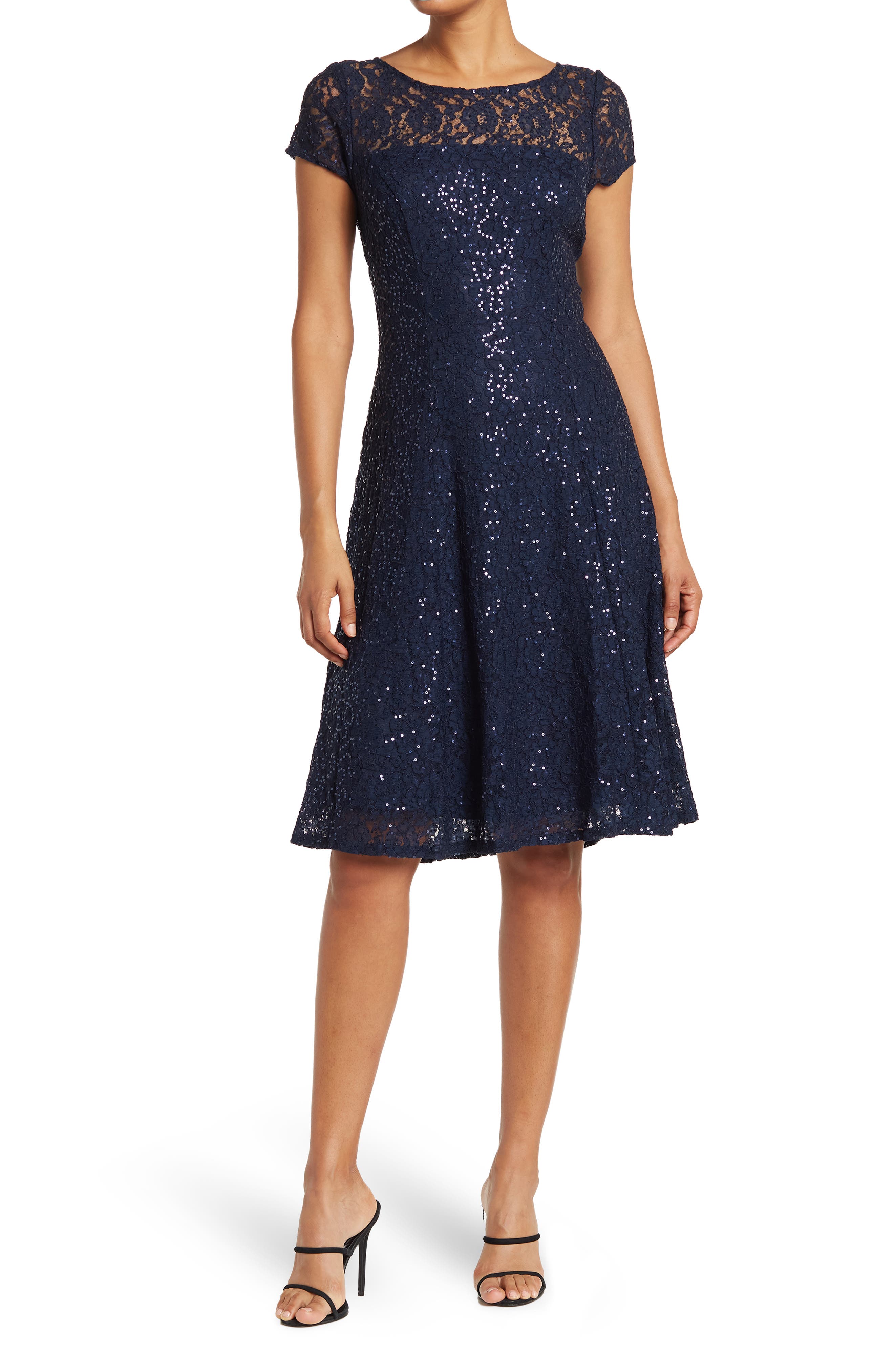 Scoop Neck Short Sleeve Sequin Lace Tea Length Dress (Women ...