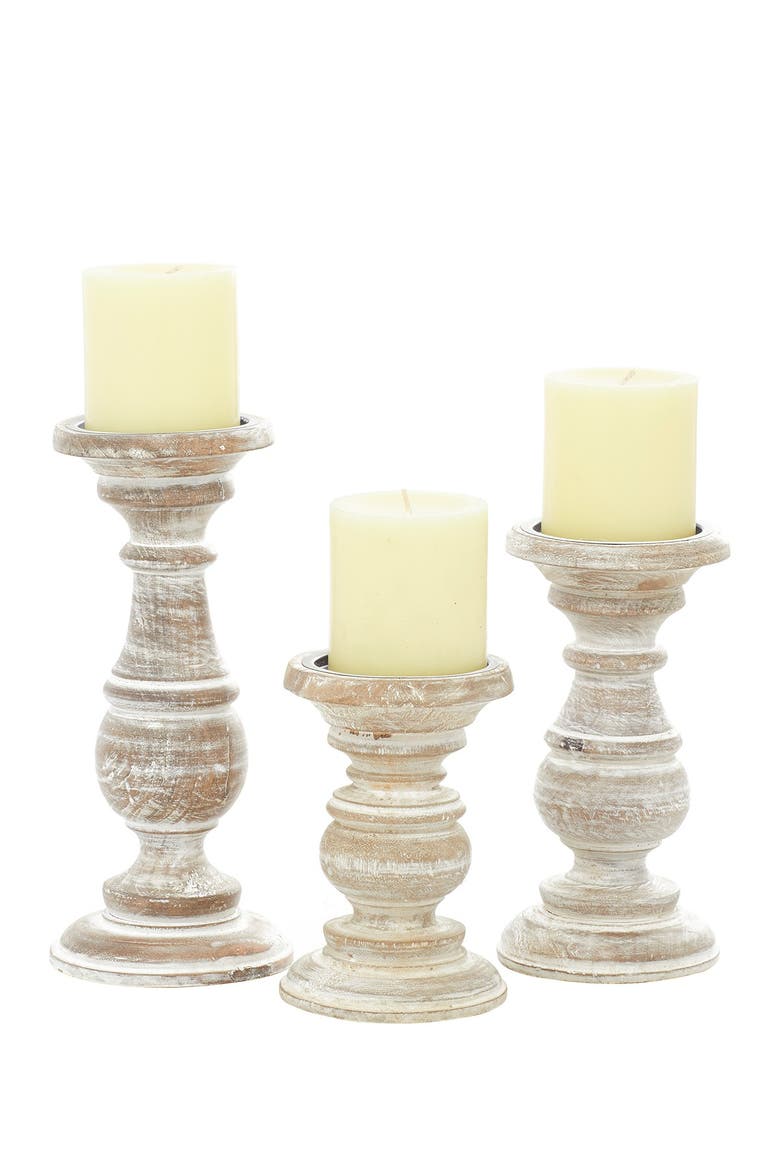 Cream Mango Wood Traditional Candle Holder with Distressed Finish - Set ...