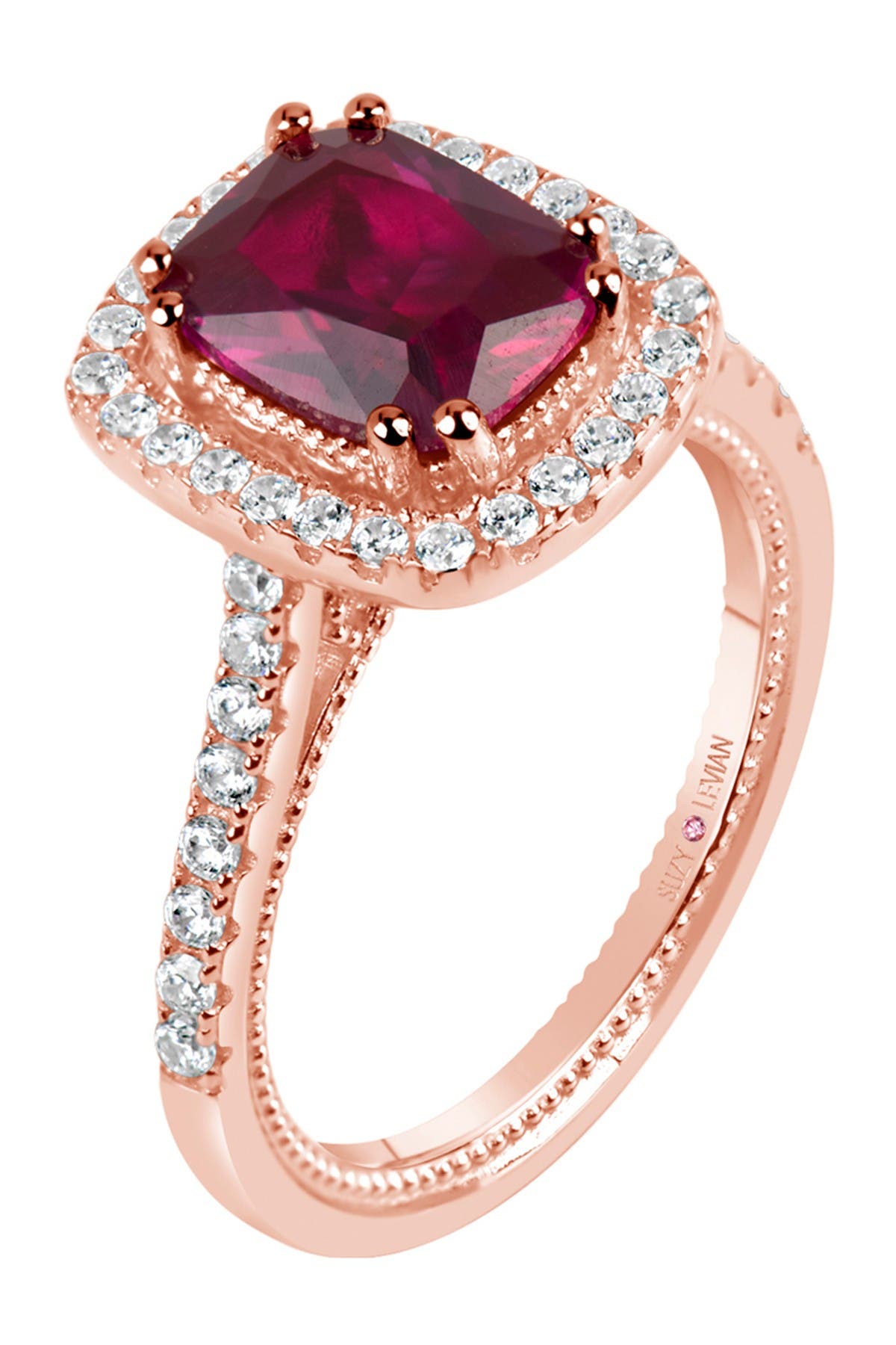 SUZY LEVIAN Rose Gold Plated Sterling Silver Created Ruby CZ Halo Ring ...
