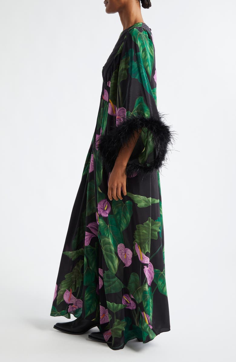 FARM Rio Anthurium Feather Trim Caftan Dress | Nordstromrack