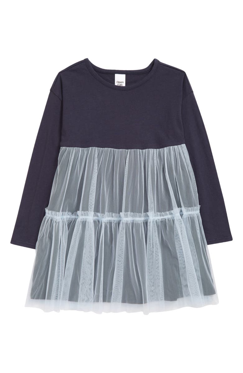 Open Edit Tiered Mesh Overlay Long Sleeve Dress | Nordstrom