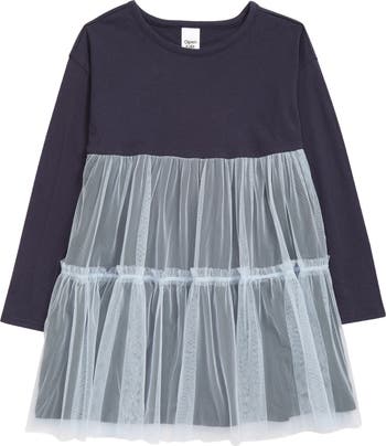 Open Edit Tiered Mesh Overlay Long Sleeve Dress | Nordstrom