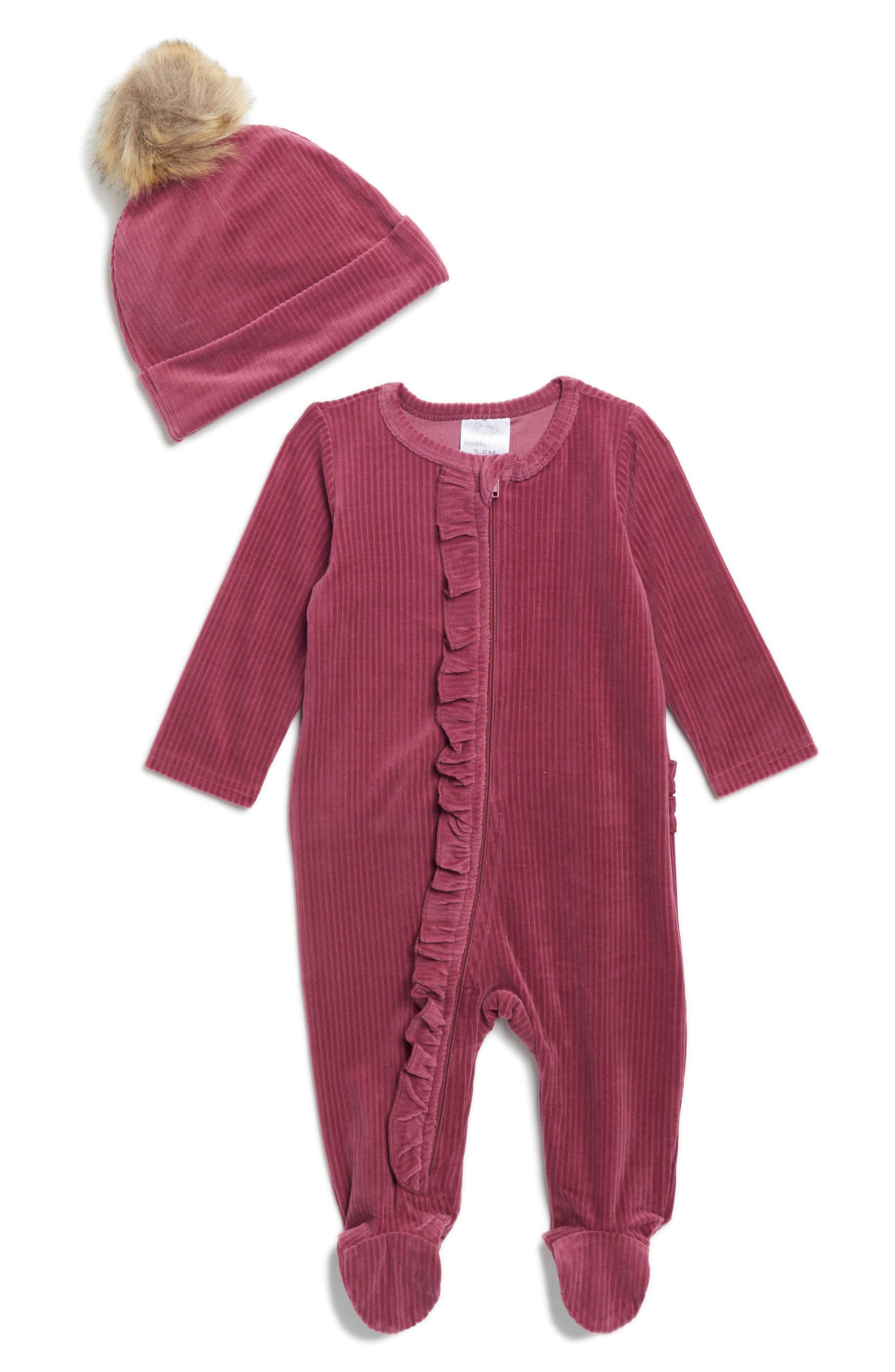 KOALA BABY Velour Ruffle Footie & Faux Fur Pom Pom Beanie | Nordstromrack