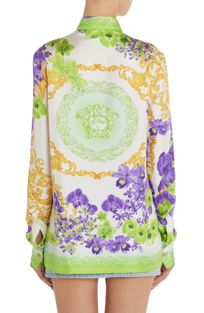 Versace Orchid Medusa Print Silk Button-Up Blouse | Nordstromrack