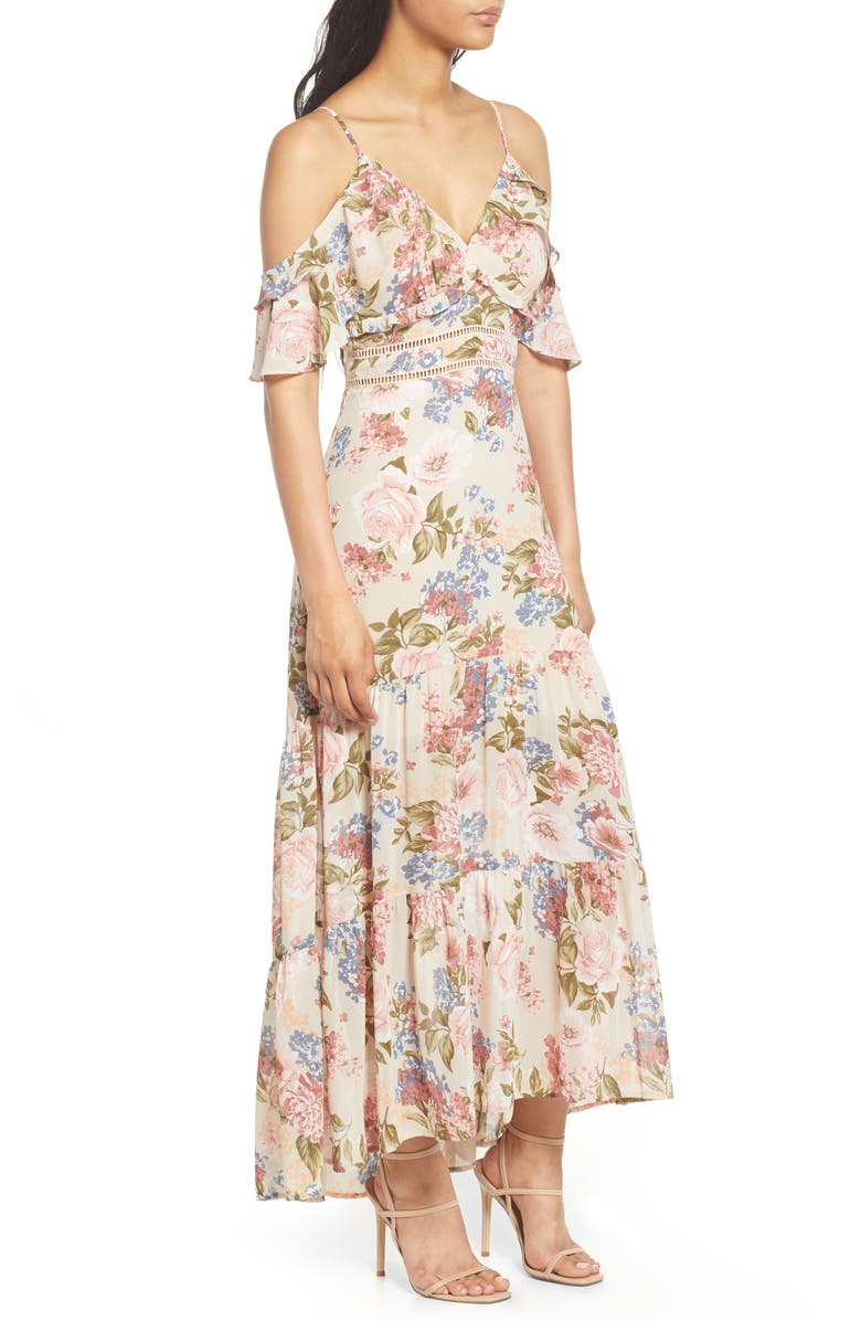 FLORET STUDIOS Floral Cold Shoulder Ruffle Maxi Dress | Nordstromrack