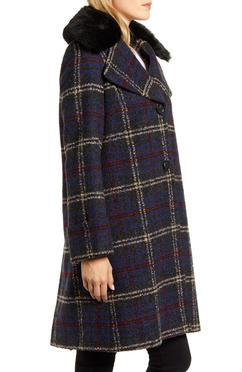 Sam Edelman Plaid Bouclé Wool Blend Coat with Faux Fur Trim | Nordstromrack