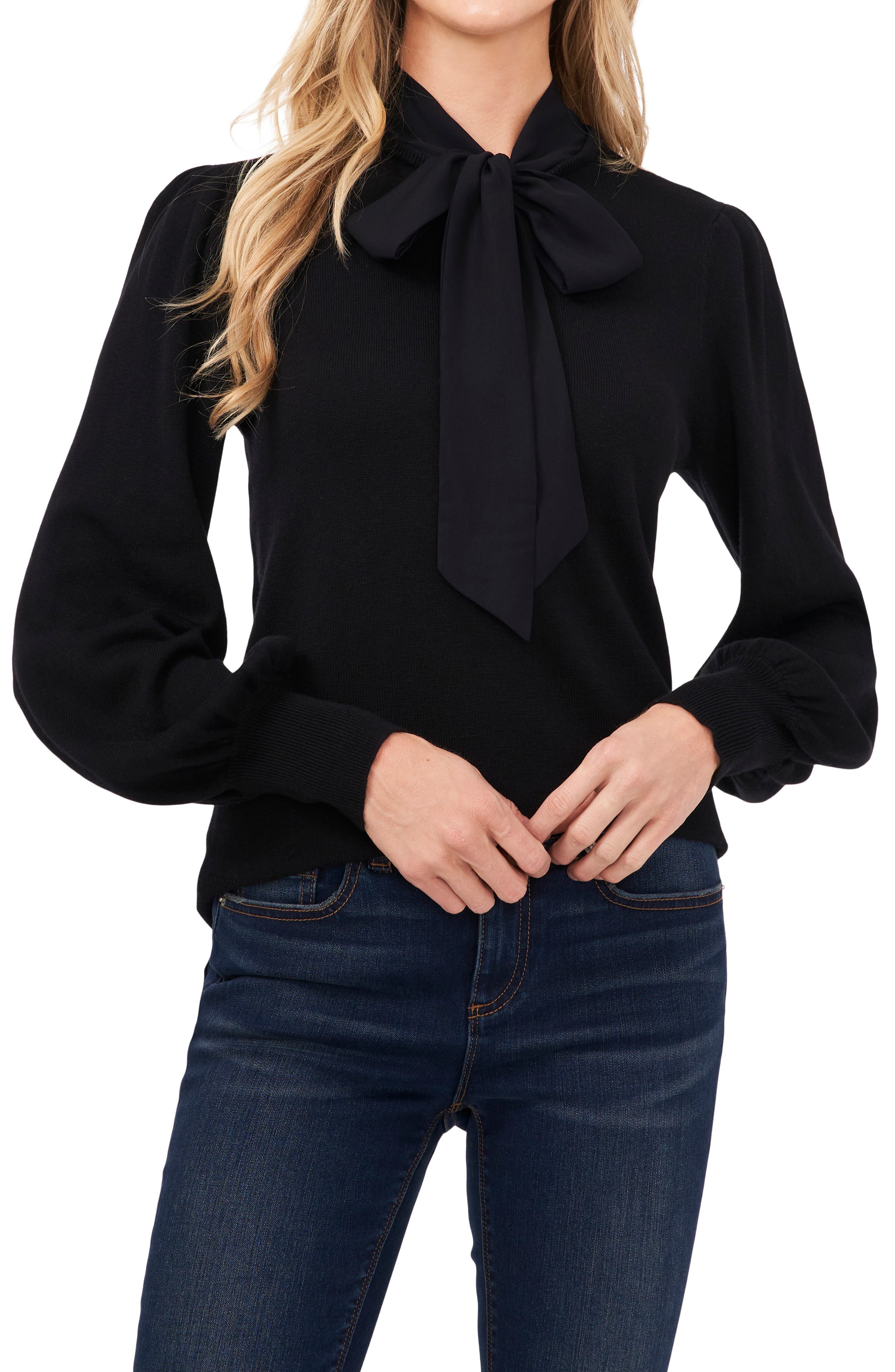 CeCe Tie Neck Mix Media Sweater | Nordstromrack