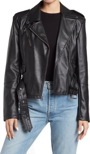 French Connection Faux Leather Belted Crop Moto Jacket | Nordstromrack