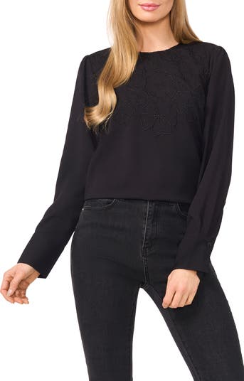 CeCe Floral Embroidery Long Sleeve Crepe Shirt | Nordstrom