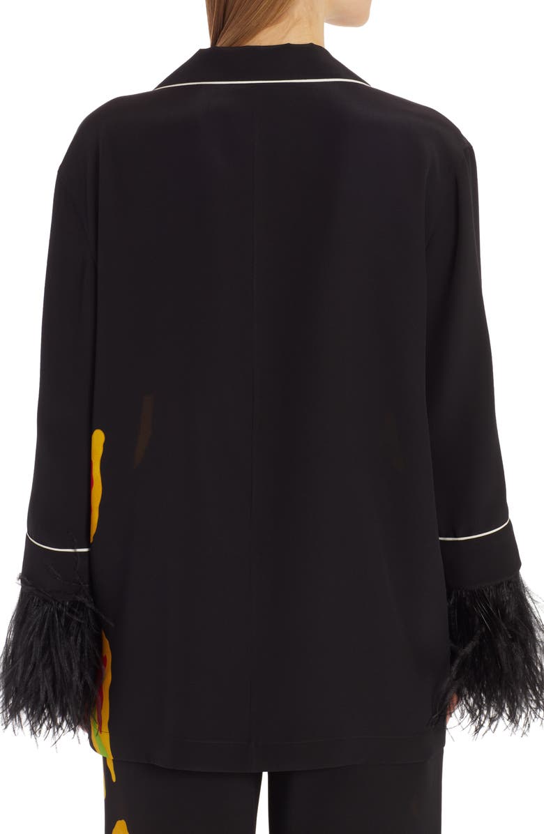 Valentino Garavani Dragon Print Feather Trim Silk Button-Up Shirt ...
