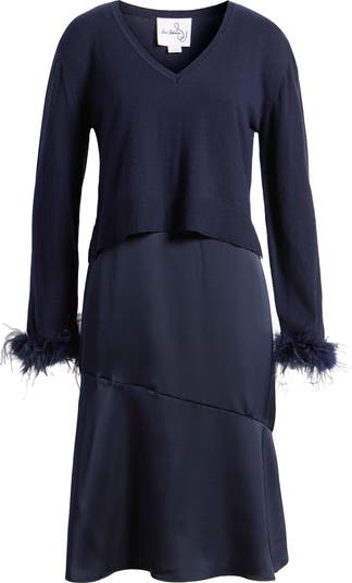 Sam Edelman Faux Feather Trim Long Sleeve Two-Piece Sweater Dress ...