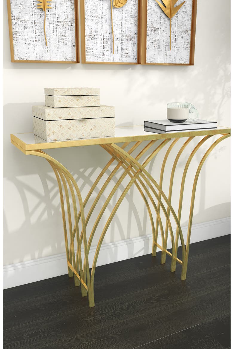 VIVIAN LUNE HOME Goldtone Metal Geometric Console Table with Mirrored ...