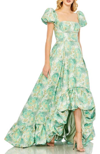 Mac Duggal Floral Brocade High-Low Dress with Puff Sleeves & Square ...