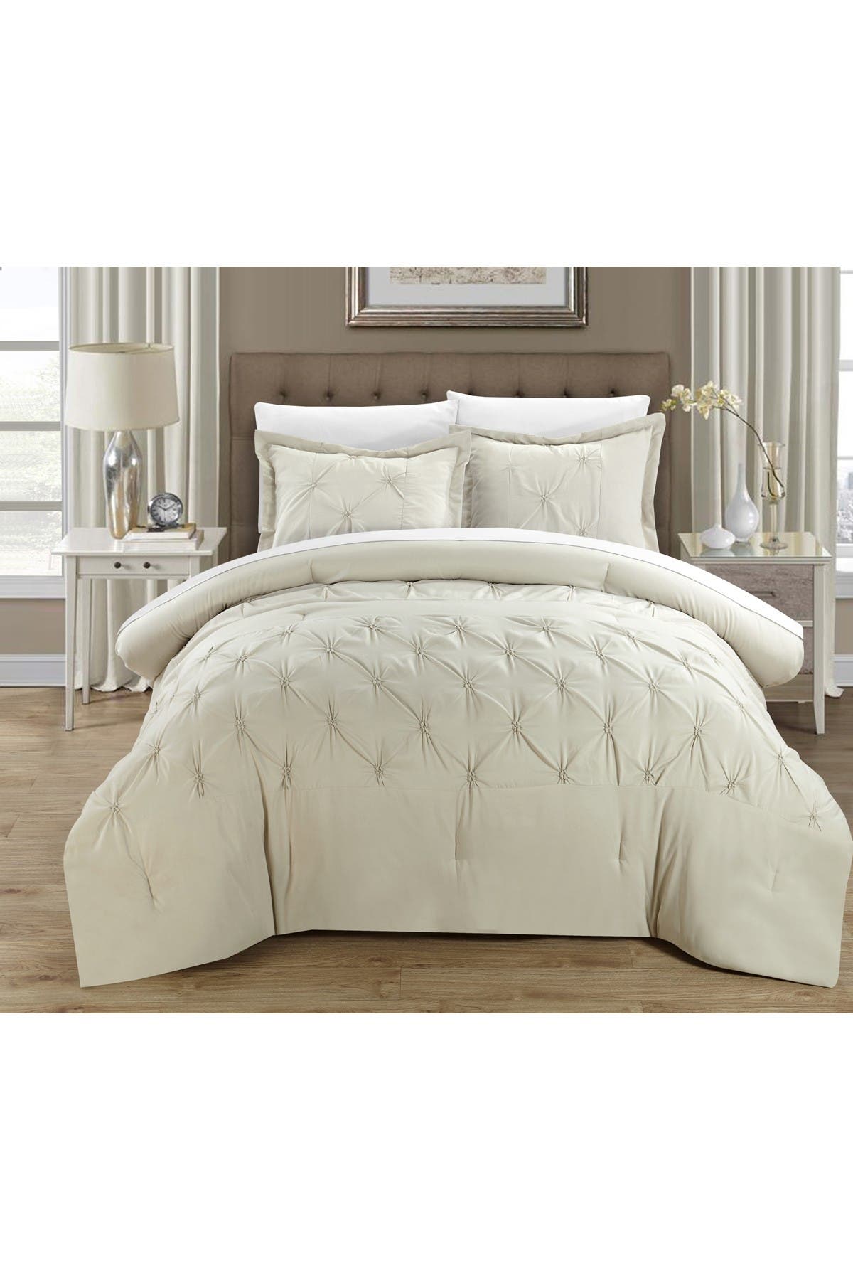 CHIC Nica Pinch Pleat Pintuck Queen Duvet Cover 3-Piece Set, Beige ...
