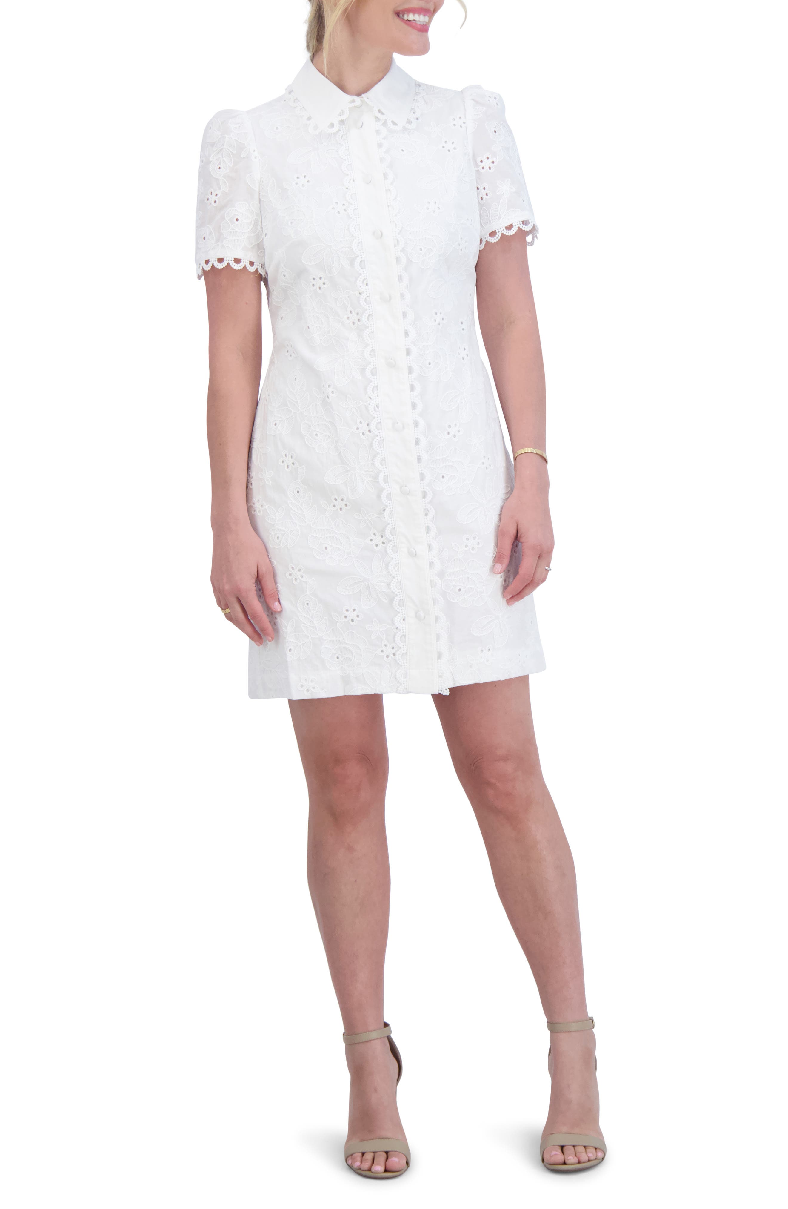 Eliza J Eyelet Puff Sleeve Mini Shirtdress | Nordstromrack