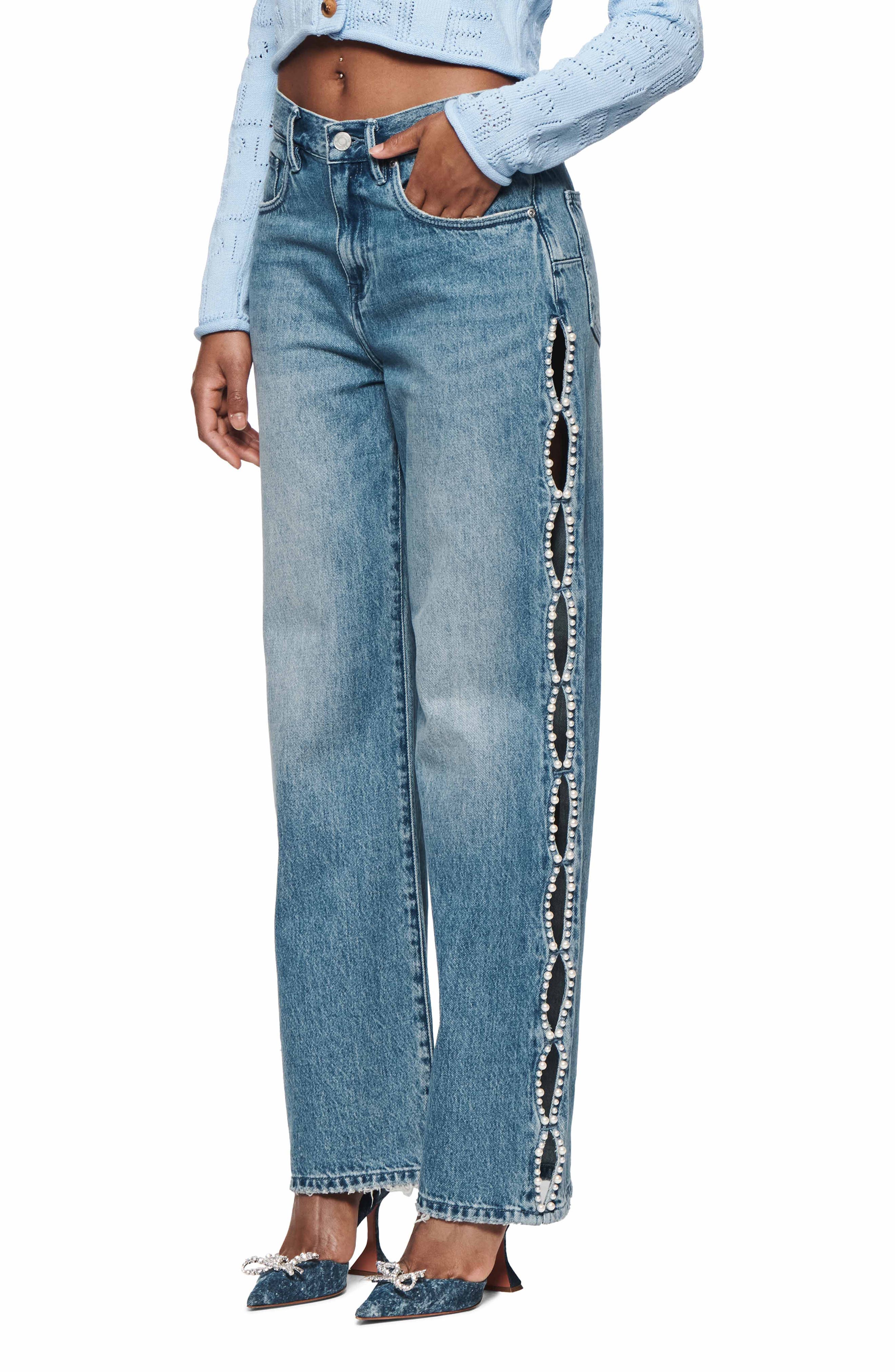 PURPLE BRAND Cutout Imitation Pearl Wide Leg Jeans | Nordstromrack