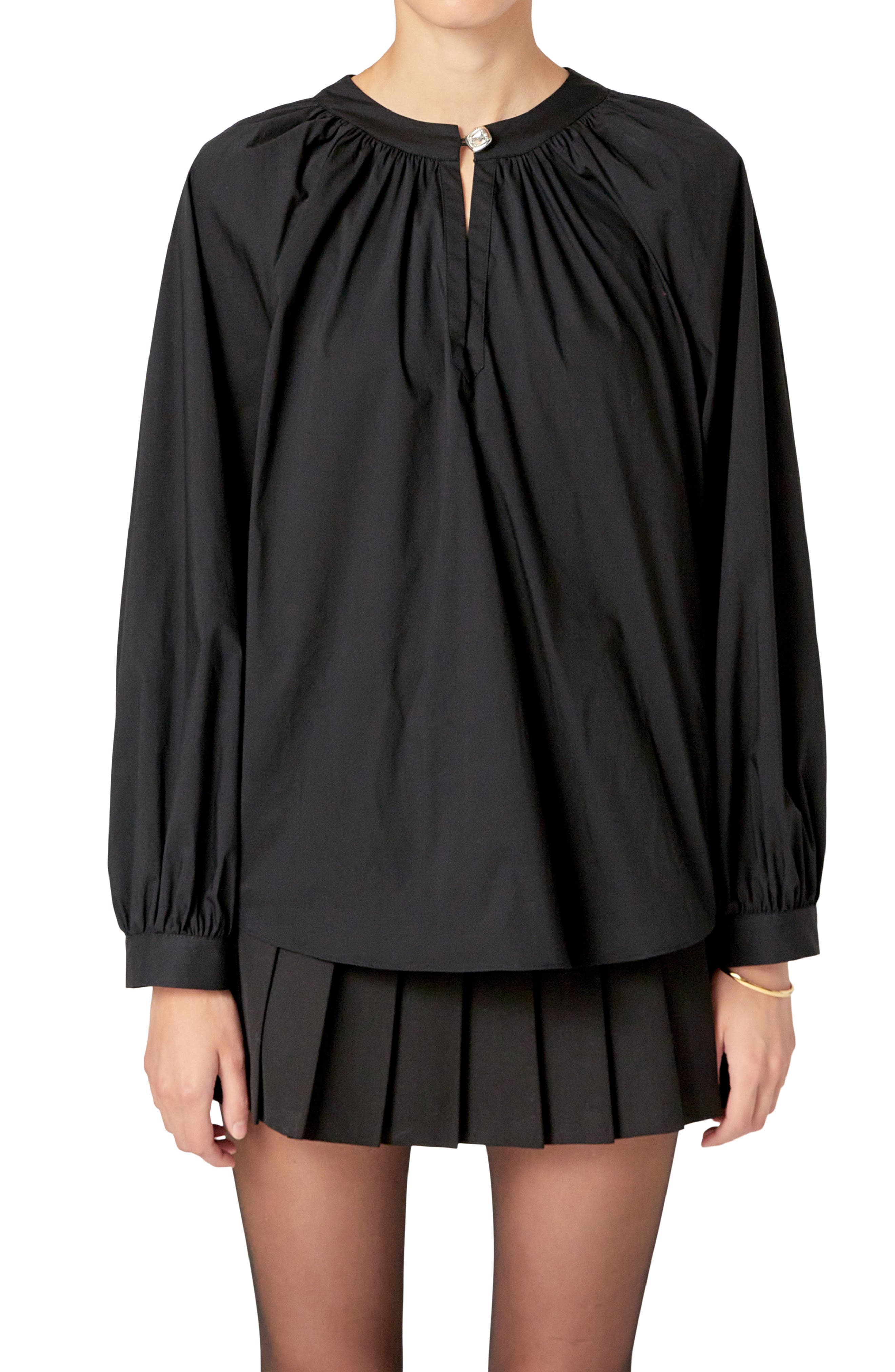 English Factory Rhinestone Button Shirred Cotton Blend Top | Nordstrom