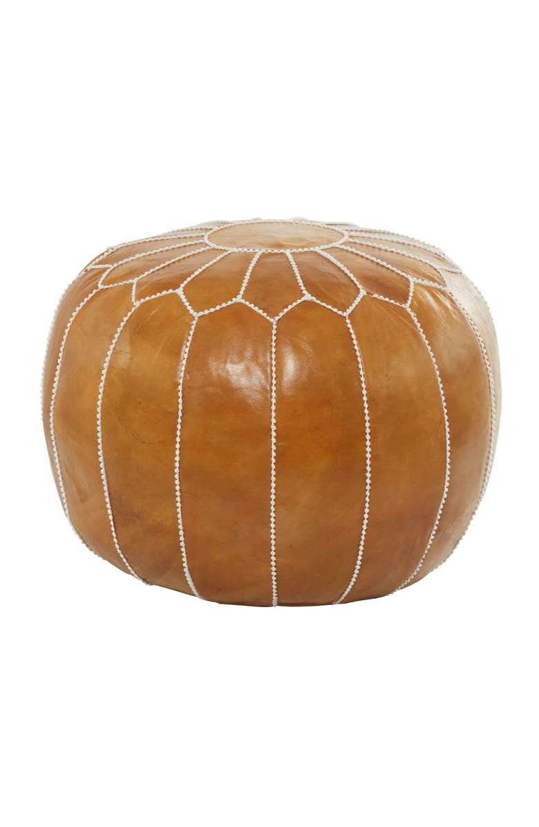 GINGER BIRCH STUDIO Light Brown Leather Moroccan Floral Pouf with White ...