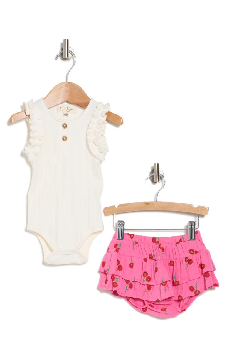 Jessica Simpson Ruffle Rib Knit Bodysuit & Flower Print Skirted ...