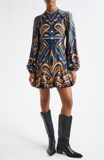 FARM Rio Ikat Print Long Sleeve Satin Minidress | Nordstromrack
