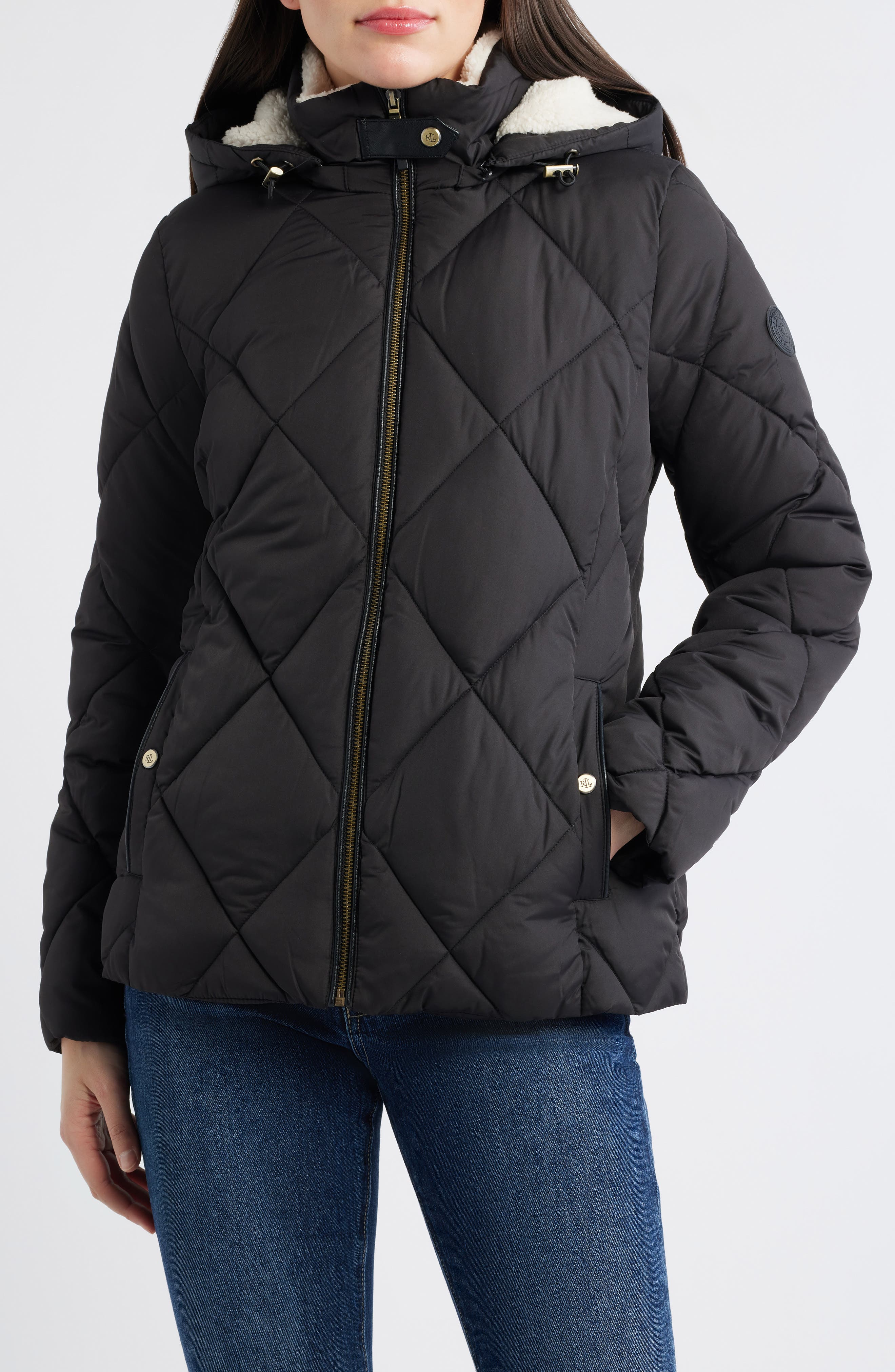 Lauren Ralph Lauren Quilted Diamond Puffer Coat with Removable Hood ...
