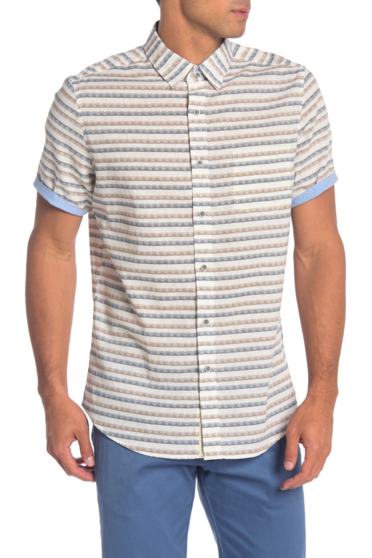 Natural Blue Colorblock Stripe Geo Print Short Sleeve Camp Shirt ...