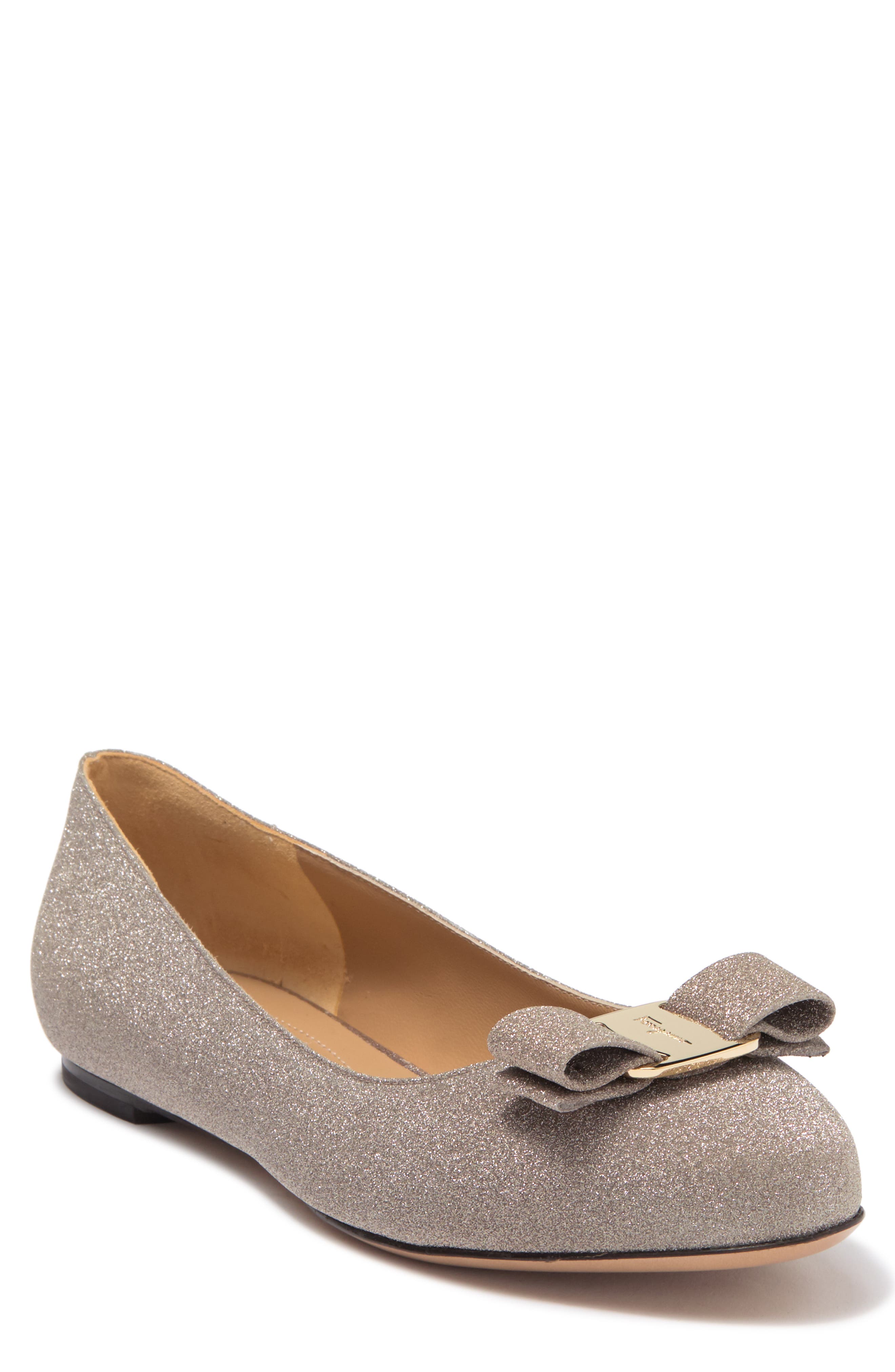 FERRAGAMO Varina Glitter Bow Flat - Extra Wide Width (Women ...