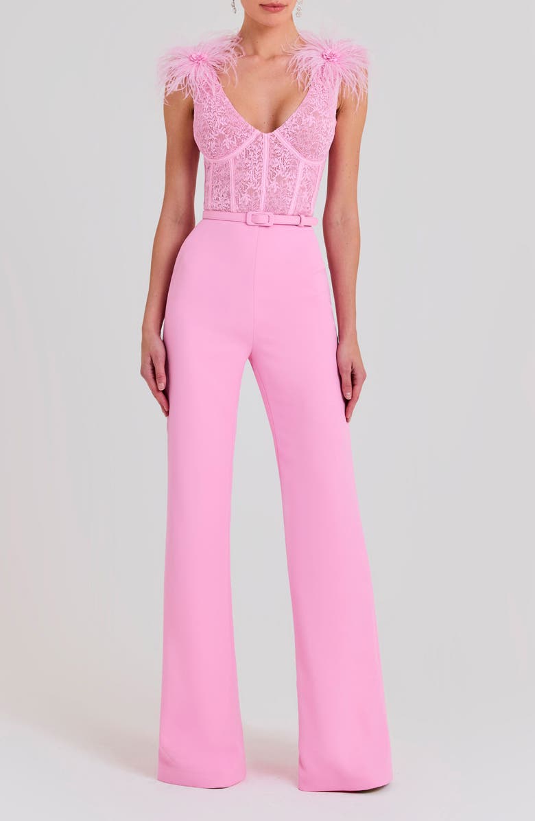 NADINE MERABI Ostrich Feather Lace Bodice Belted Jumpsuit | Nordstromrack
