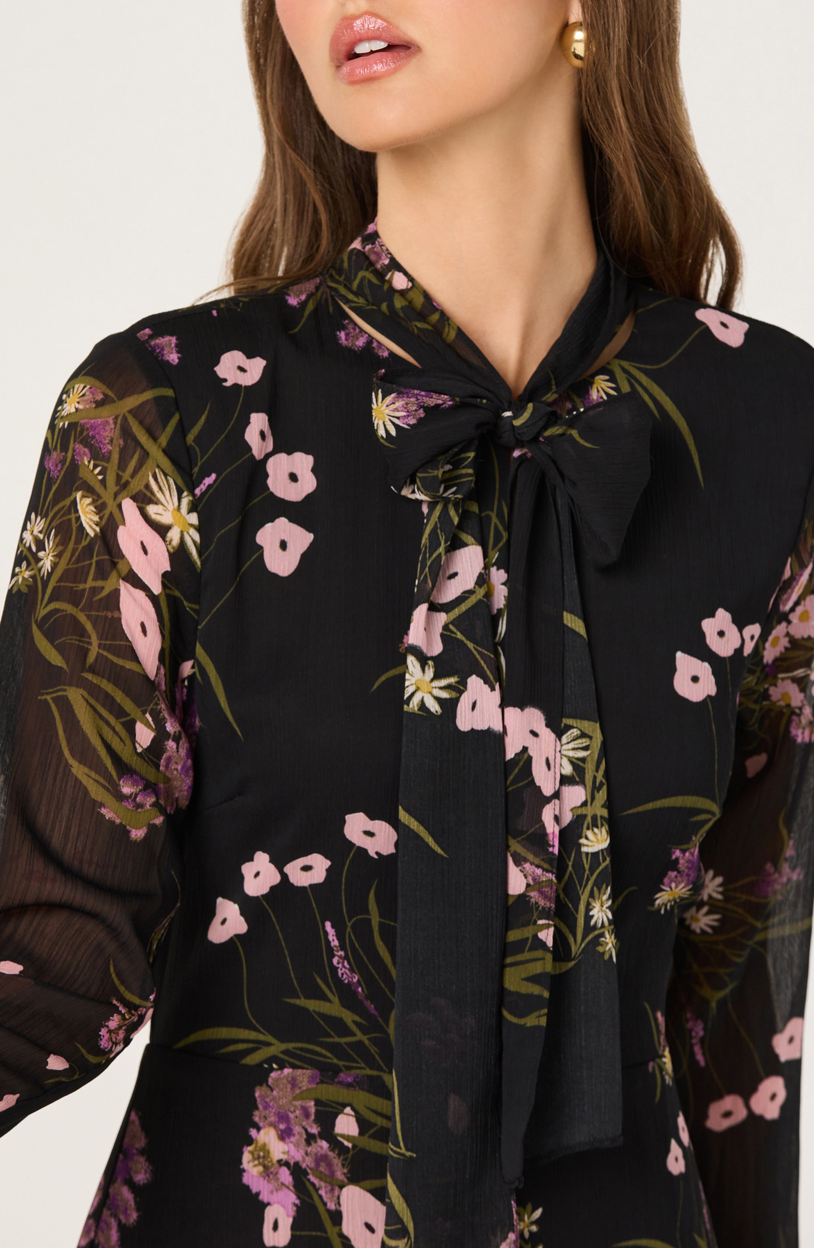 ASTR the Label Floral Tie Neck Long Sleeve Dress | Nordstromrack