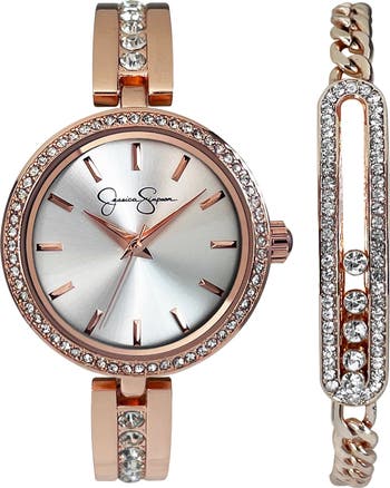 Jessica Simpson Crystal Embellished Three-Hand Quartz Bracelet Watch ...