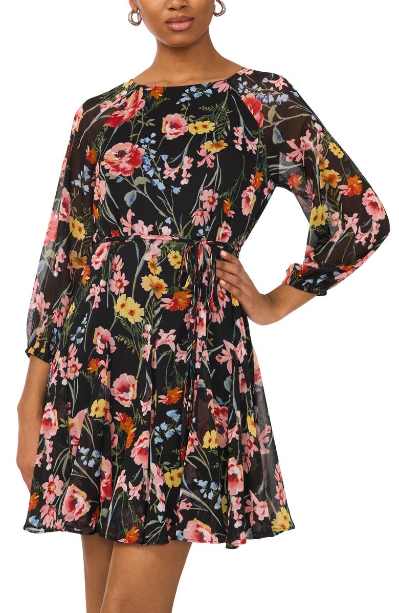 Halogen® Floral Balloon Sleeve Chiffon Fit & Flare Dress | Nordstromrack
