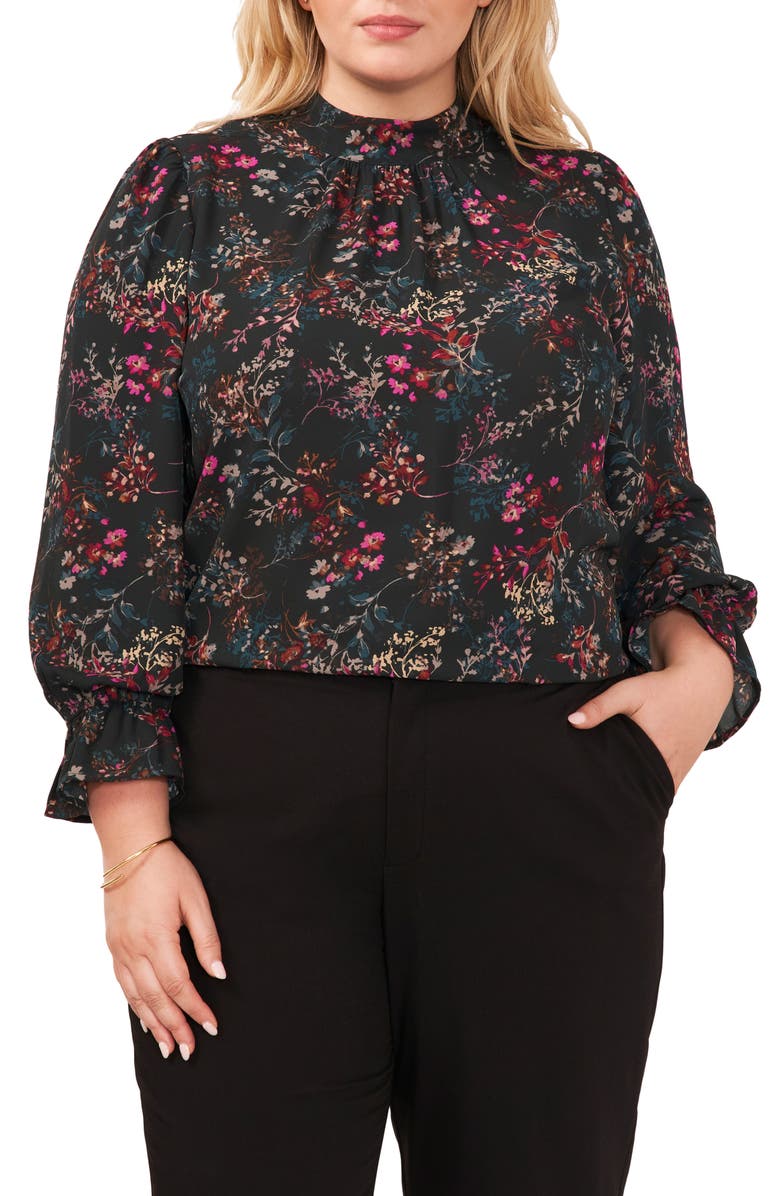 Halogen® Floral Ruffle Cuff Mock Neck Top | Nordstromrack