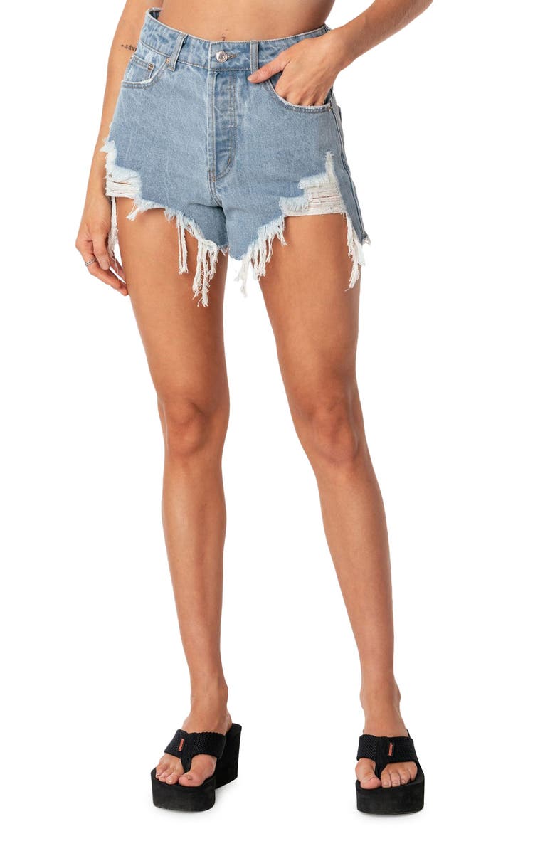 EDIKTED Cali Girl Ripped Cutoff Denim Shorts | Nordstrom