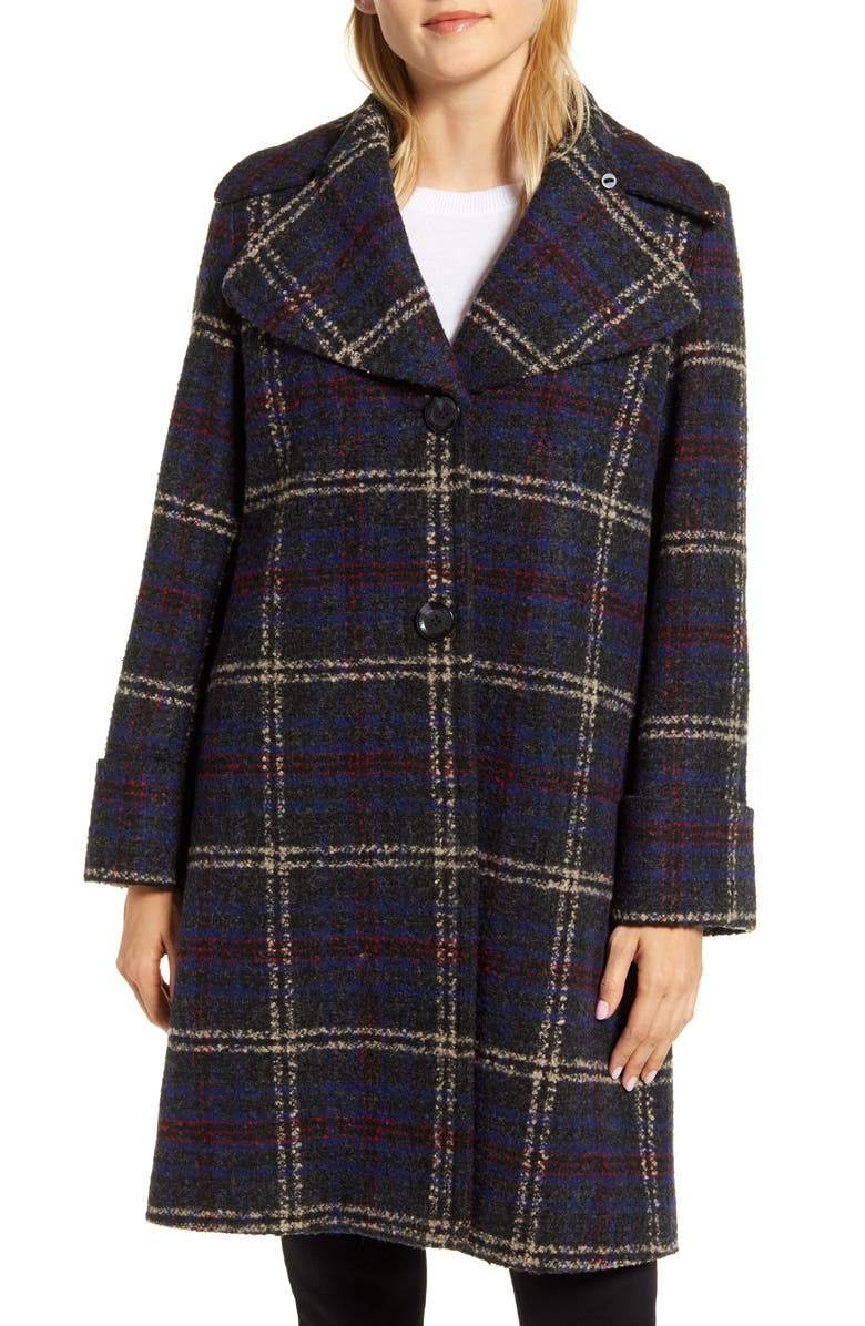 Sam Edelman Plaid Bouclé Wool Blend Coat with Faux Fur Trim | Nordstromrack
