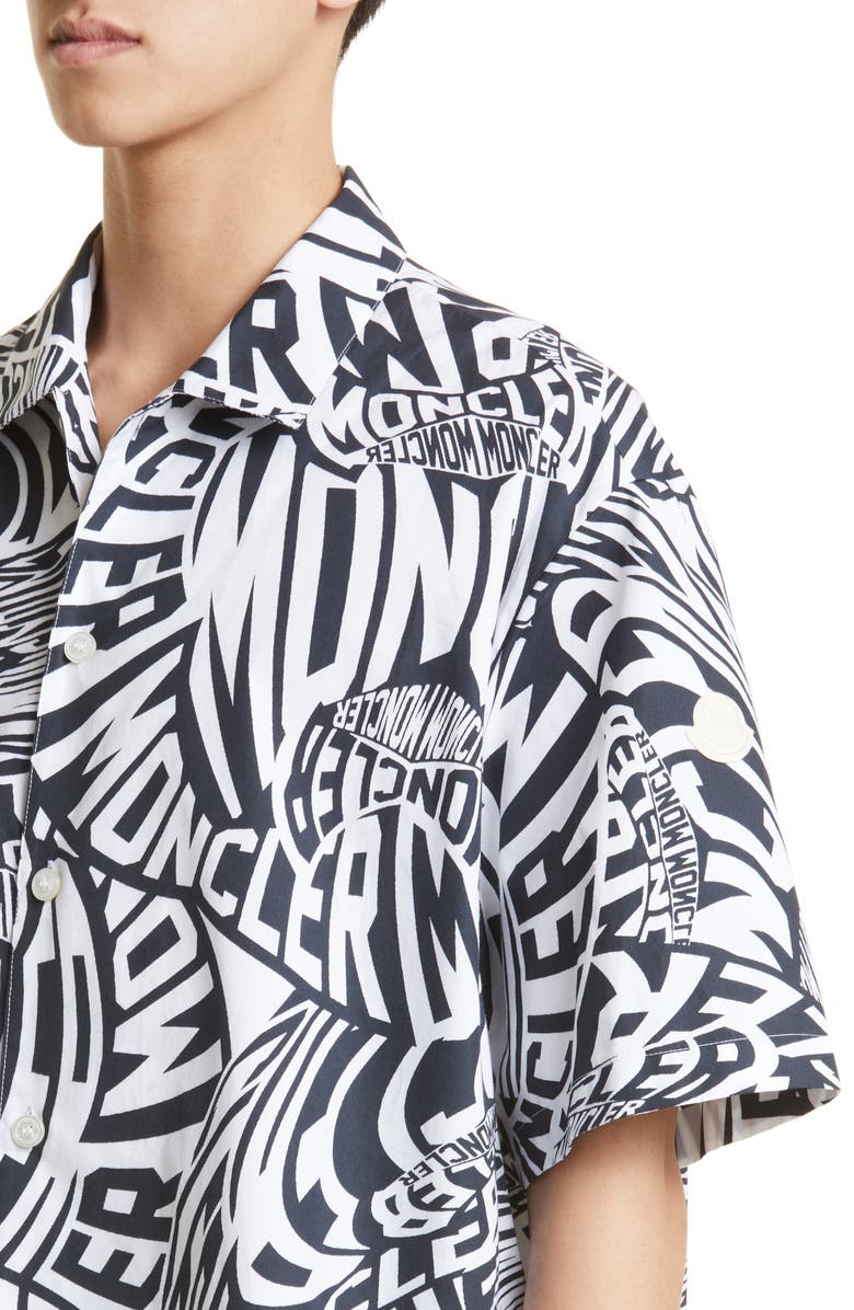 Moncler Wavy Logo Print Short Sleeve Cotton Poplin Button-Up Shirt ...