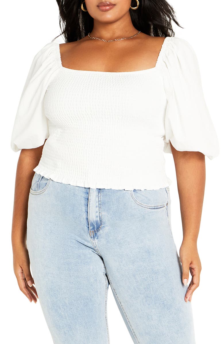 City Chic Arielle Smocked Puff Sleeve Cotton Top | Nordstromrack