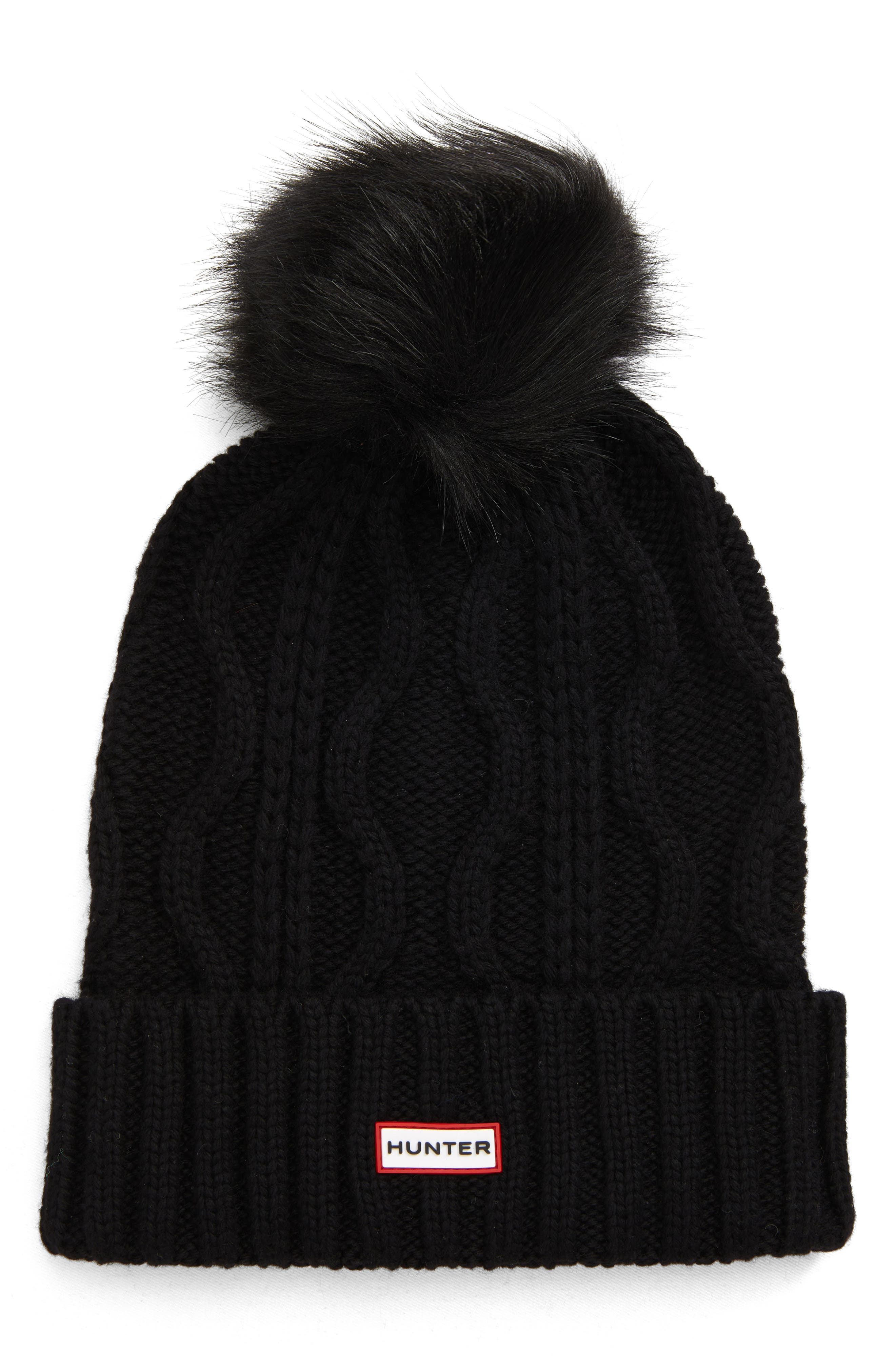 Hunter Cable Stitch Beanie with Faux Fur Pom | Nordstromrack