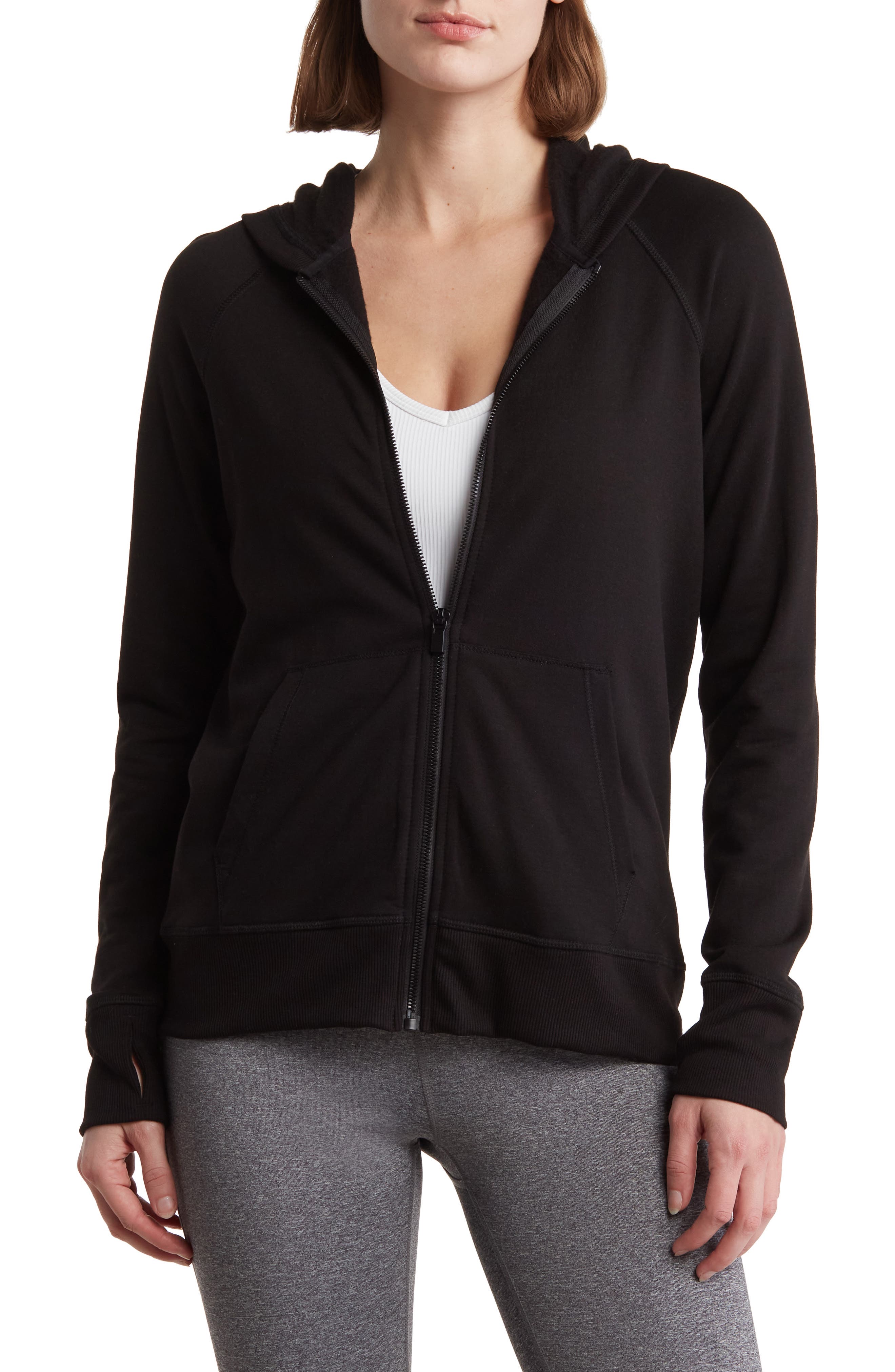 90 DEGREE BY REFLEX Fleece Thumbhole Cuff Zip Hoodie | Nordstromrack