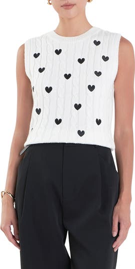 English Factory Heart Embroidered Sleeveless Cable Sweater | Nordstrom